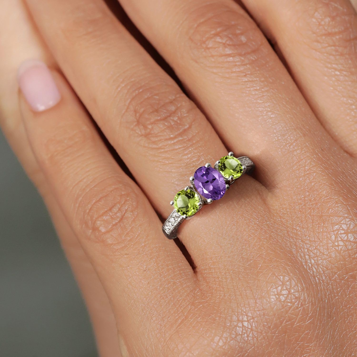 Gem Stone King 925 Sterling Silver Purple Amethyst and Green Peridot 3-Stone Engagement Ring For Women (2.01 Cttw, Oval Gemstone Birthstone, Available in size 5, 6, 7, 8, 9)