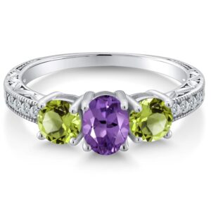 Gem Stone King 925 Sterling Silver Purple Amethyst and Green Peridot 3-Stone Engagement Ring For Women (2.01 Cttw, Oval Gemstone Birthstone, Available in size 5, 6, 7, 8, 9)