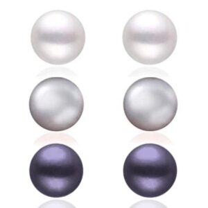 boxed set 3 pairs 8mm genuine freshwater cultured pearl stud earrings in 925 sterling silver (white, grey, peacock black)