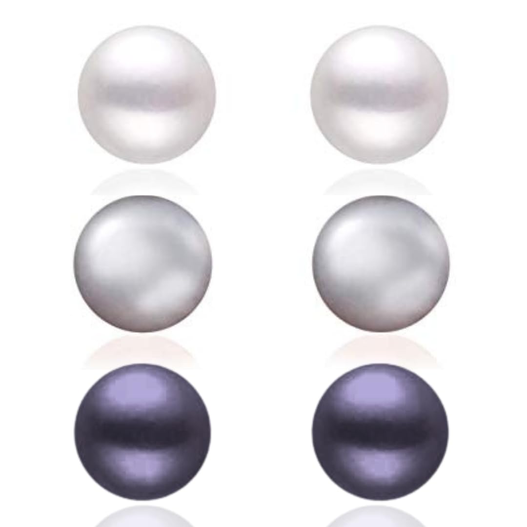 Boxed Set 3 pairs 8mm Genuine Freshwater Cultured Pearl Stud Earrings in 925 Sterling Silver (White, Grey, Peacock Black)