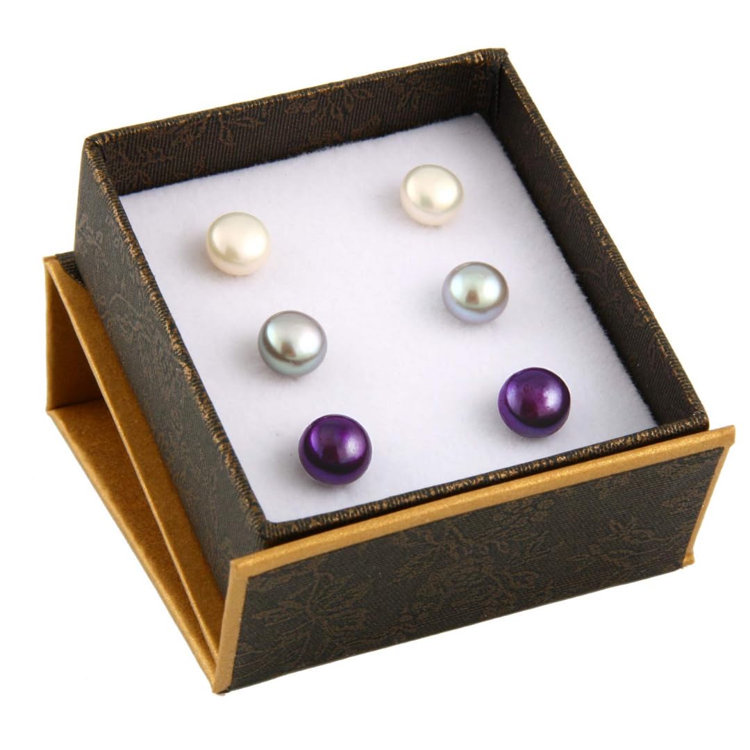 Boxed Set 3 pairs 8mm Genuine Freshwater Cultured Pearl Stud Earrings in 925 Sterling Silver (White, Grey, Peacock Black)