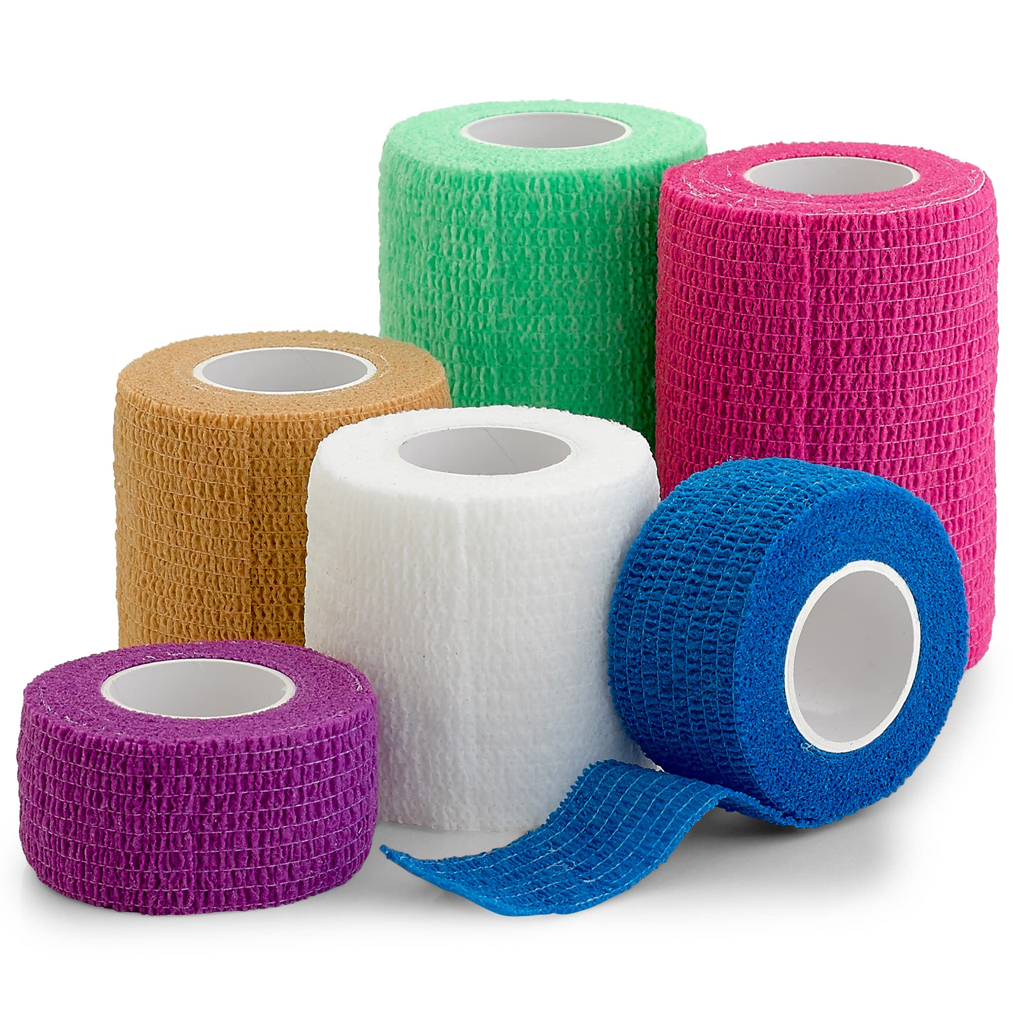 6 Pack, Self Adherent Cohesive Tape - 1" 2" 3" x 5 Yards Combo Pack, Self Adhesive Bandage Rolls & Sports Athletic Wrap for Ankle, Wrist, Sprains and Swelling, Vet Wraps in Neon Colors