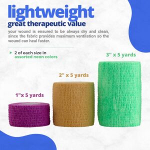 6 Pack, Self Adherent Cohesive Tape - 1" 2" 3" x 5 Yards Combo Pack, Self Adhesive Bandage Rolls & Sports Athletic Wrap for Ankle, Wrist, Sprains and Swelling, Vet Wraps in Neon Colors