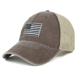 armycrew oversize xxl grey american flag embroidered washed trucker mesh cap - brown - 2xl