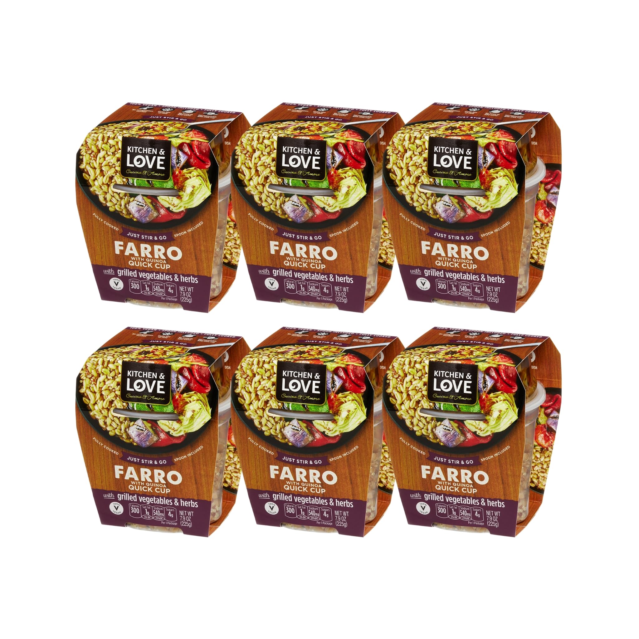 Kitchen & Love Cooked Farro, Grilled Vegetables & Herbs, Ready to Eat, Shelf Stable, Non Gmo, Dairy Free, Plant Based, Kosher, Vegan, Vegetarian, 7.9 Oz (6-Pack)