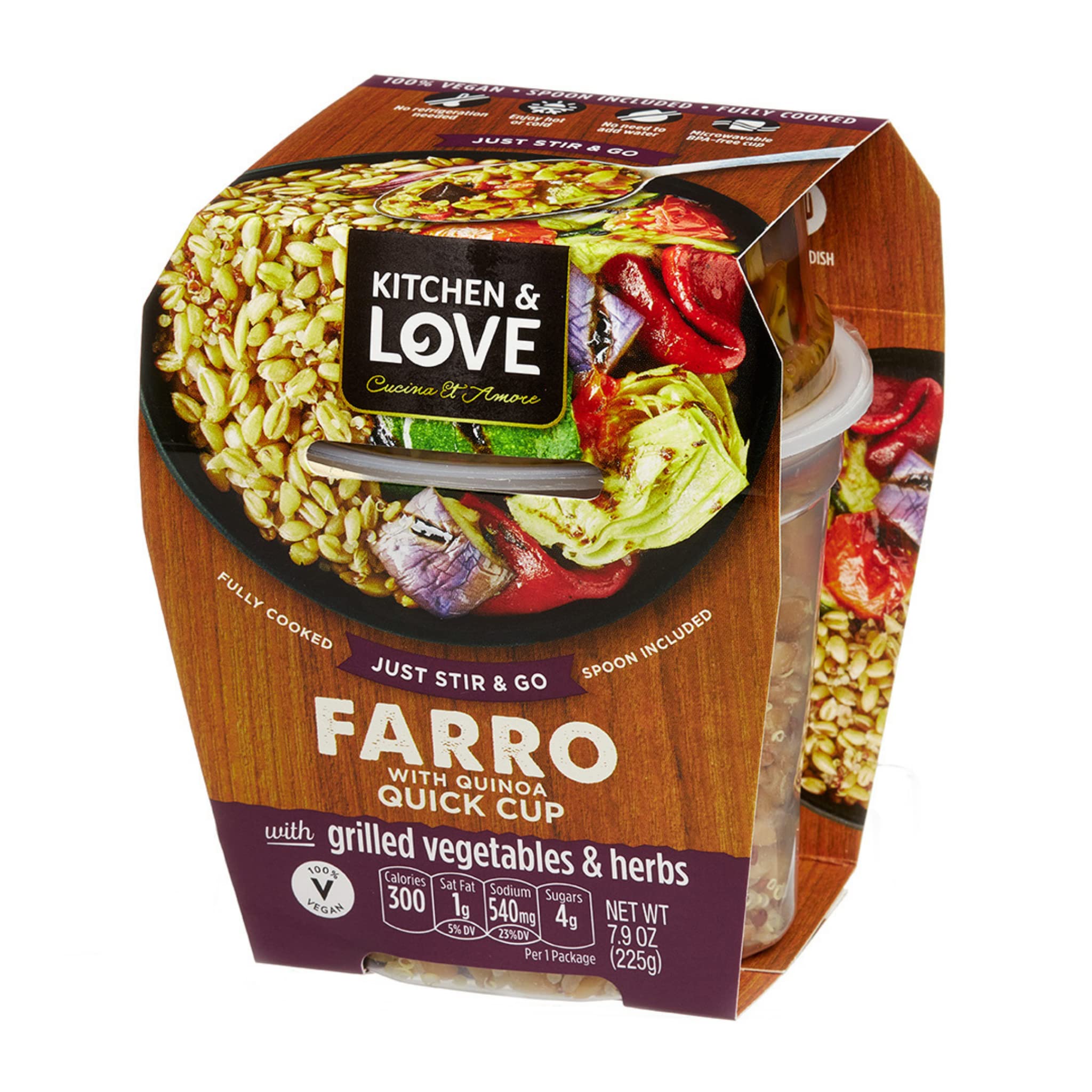 Kitchen & Love Cooked Farro, Grilled Vegetables & Herbs, Ready to Eat, Shelf Stable, Non Gmo, Dairy Free, Plant Based, Kosher, Vegan, Vegetarian, 7.9 Oz (6-Pack)