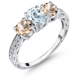 gem stone king 925 sterling silver oval sky blue aquamarine peach morganite ring for women (1.67 cttw, gemstone birthstone, available in size 5, 6, 7, 8, 9)