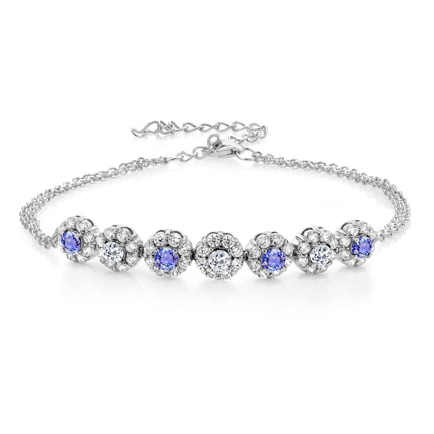 Gem Stone King 925 Sterling Silver Blue Tanzanite and White Topaz Tennis Bracelet For Women (2.21 Cttw, Gemstone December Birthstone, 7 Inch with 2 Inch Extender)