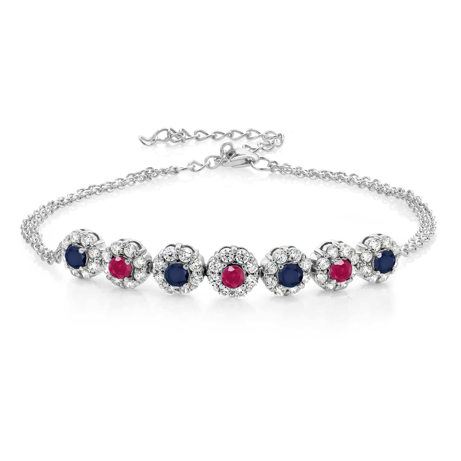 Gem Stone King 925 Sterling Silver Blue Sapphire and Red Ruby Tennis Bracelet For Women (2.59 Cttw, Gemstone September Birthstone, 7 Inch with 2 Inch Extender)