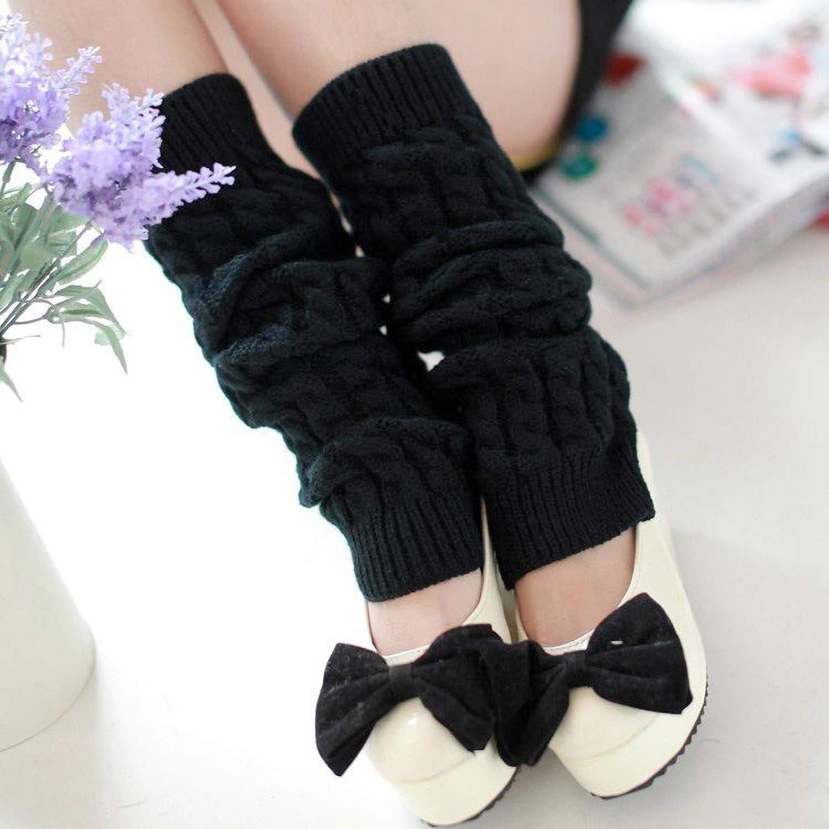 peony man Leg Warmers Women's Fashion Knitted Crochet Long Boot Socks, 4 Pairs Knee High Cable Knit Thermal Winter Sleeve for Lady (Black, White, Brown, Gray)