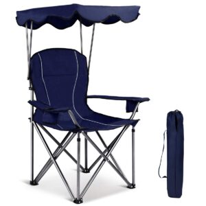 gymax canopy camping chair, folding sport chair with sunshade & carrying bag, portable heavy duty chair for beach, poolside, travel picnic (blue)