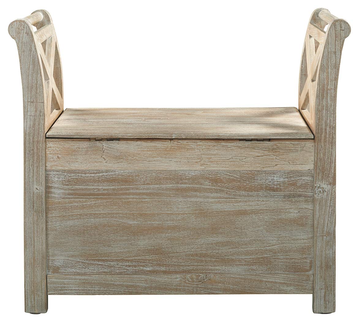 Signature Design by Ashley Fossil Ridge Boho Storage Accent Bench, Vintage White