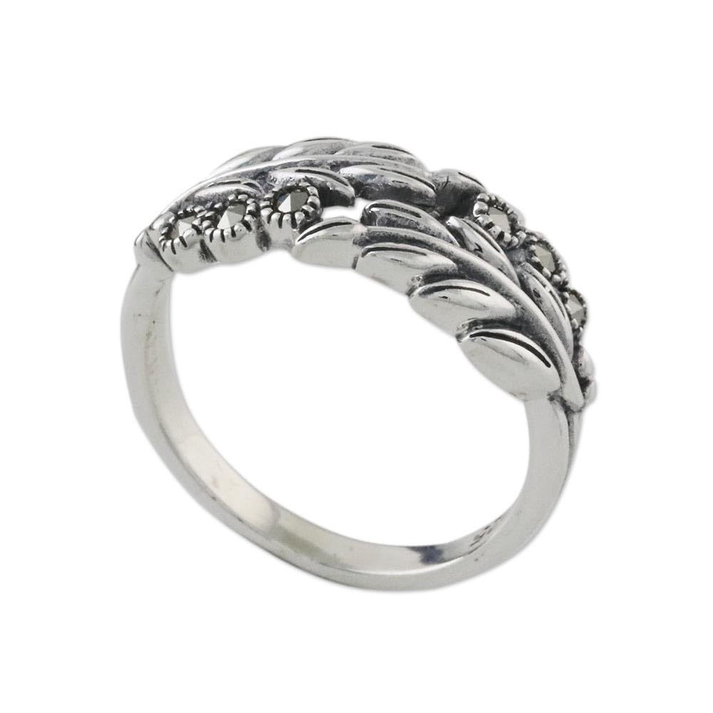 NOVICA Artisan Handmade Marcasite Pave Ring Sterling Silver Luminous Garden Grey Cocktail Thailand Leaf Tree Floral [ring Front 0.3 in L x 1 in W Band Width 3 mm W] ' Luminous Garden'