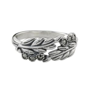 NOVICA Artisan Handmade Marcasite Pave Ring Sterling Silver Luminous Garden Grey Cocktail Thailand Leaf Tree Floral [ring Front 0.3 in L x 1 in W Band Width 3 mm W] ' Luminous Garden'