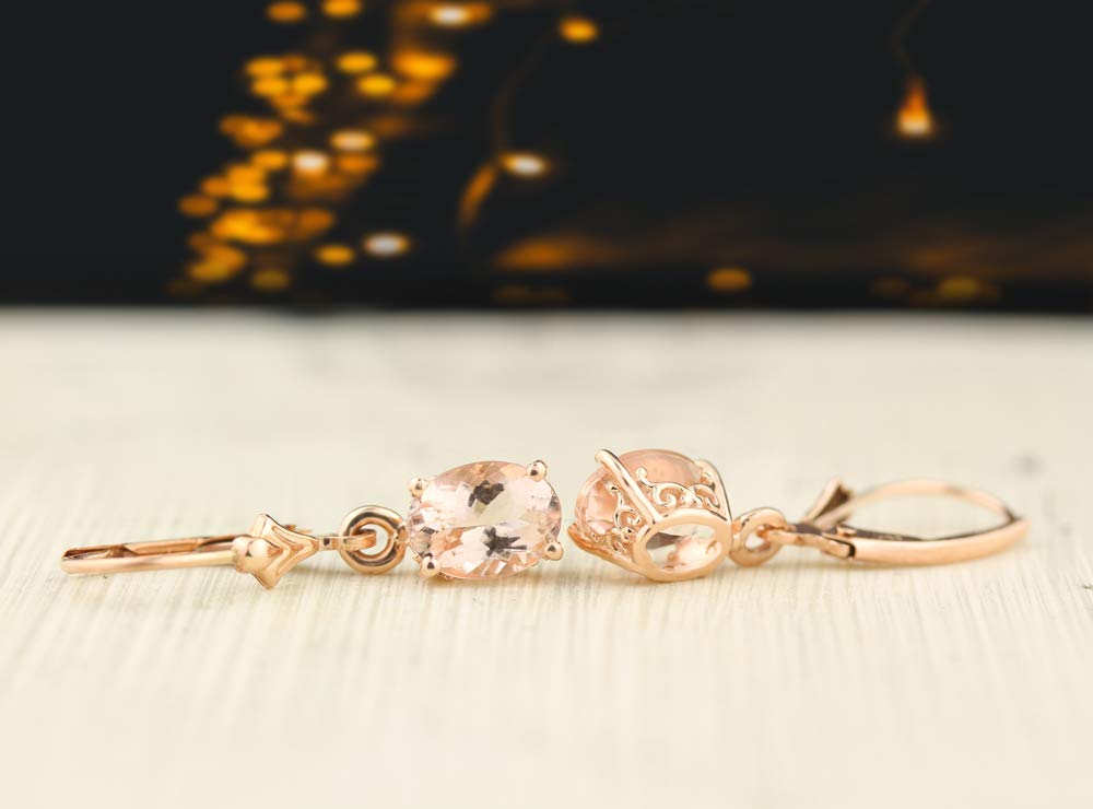 Solid 14k Rose Gold Morganite Dangle Lever back Earrings