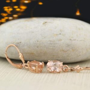 Solid 14k Rose Gold Morganite Dangle Lever back Earrings