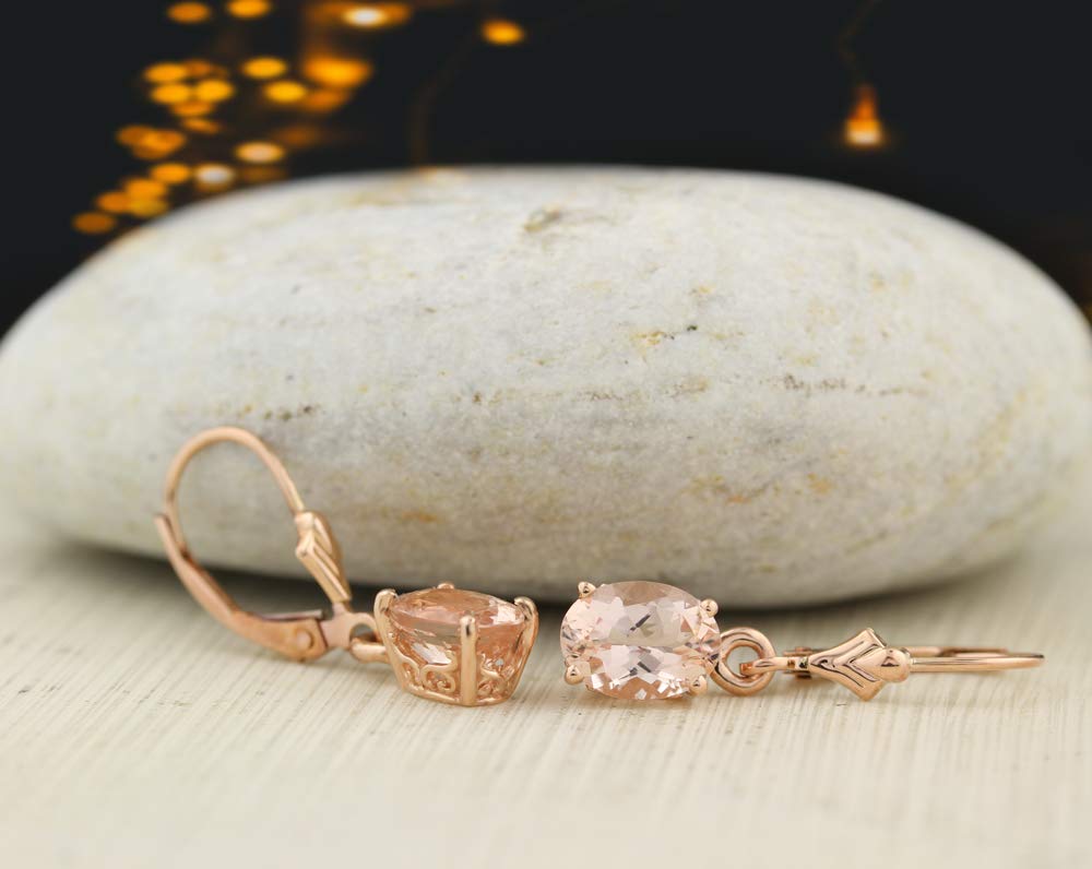 Solid 14k Rose Gold Morganite Dangle Lever back Earrings