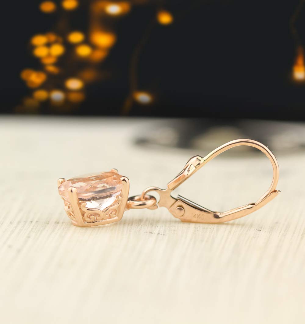 Solid 14k Rose Gold Morganite Dangle Lever back Earrings