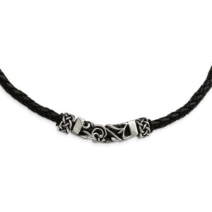 jewels by lux stainless steel black leather w/antiqued beads necklace