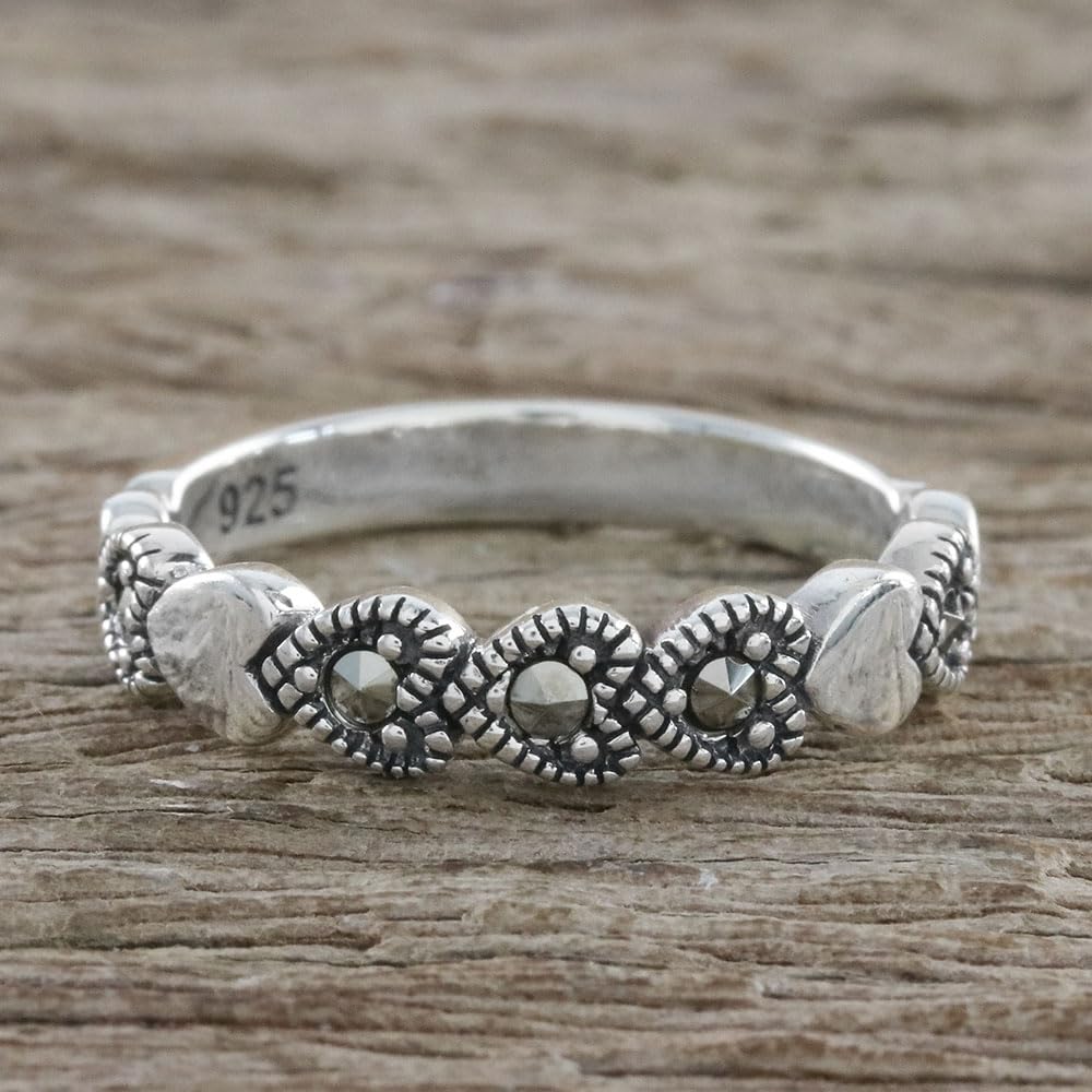 NOVICA Artisan Handmade Marcasite Band Ring Sterling Silver Galaxy Hearts Faceted Grey Thailand [ring Front 1.4 in L x 0.2 in W 4 mm W] ' Galaxy Hearts'