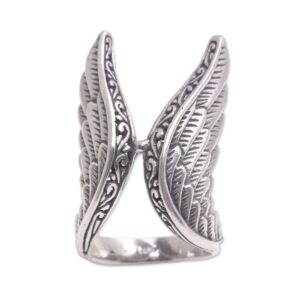 novica artisan handcrafted sterling silver cocktail ring feathered wings no stone indonesia [ring front 1.2 in l x 0.8 in w x 0.4 in h band width 3 mm w] ' winged glory'