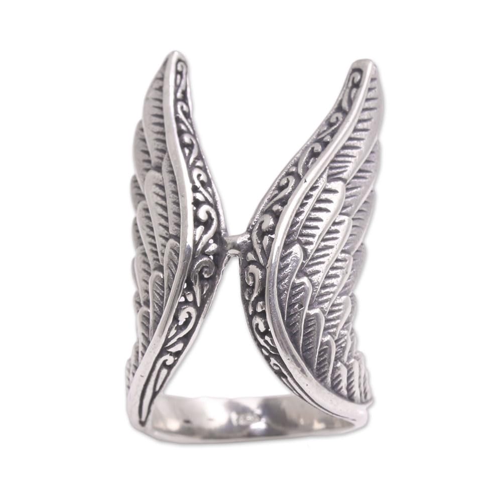 NOVICA Artisan Handcrafted Sterling Silver Cocktail Ring Feathered Wings No Stone Indonesia [ring Front 1.2 in L x 0.8 in W x 0.4 in H Band Width 3 mm W] ' Winged Glory'