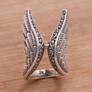 NOVICA Artisan Handcrafted Sterling Silver Cocktail Ring Feathered Wings No Stone Indonesia [ring Front 1.2 in L x 0.8 in W x 0.4 in H Band Width 3 mm W] ' Winged Glory'