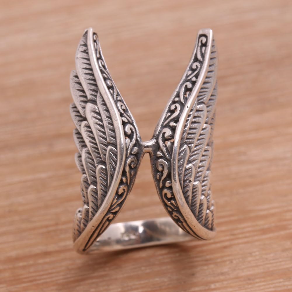 NOVICA Artisan Handcrafted Sterling Silver Cocktail Ring Feathered Wings No Stone Indonesia [ring Front 1.2 in L x 0.8 in W x 0.4 in H Band Width 3 mm W] ' Winged Glory'