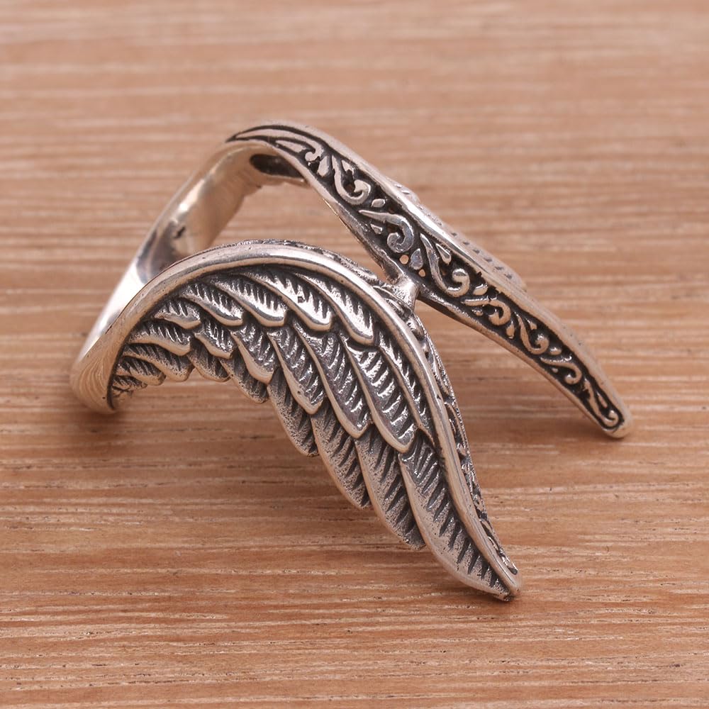 NOVICA Artisan Handcrafted Sterling Silver Cocktail Ring Feathered Wings No Stone Indonesia [ring Front 1.2 in L x 0.8 in W x 0.4 in H Band Width 3 mm W] ' Winged Glory'