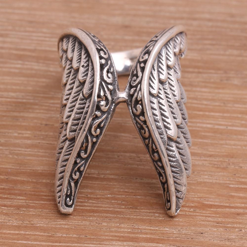 NOVICA Artisan Handcrafted Sterling Silver Cocktail Ring Feathered Wings No Stone Indonesia [ring Front 1.2 in L x 0.8 in W x 0.4 in H Band Width 3 mm W] ' Winged Glory'