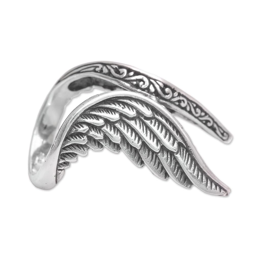 NOVICA Artisan Handcrafted Sterling Silver Cocktail Ring Feathered Wings No Stone Indonesia [ring Front 1.2 in L x 0.8 in W x 0.4 in H Band Width 3 mm W] ' Winged Glory'