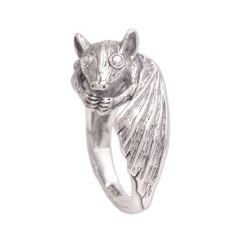 NOVICA Artisan Handcrafted Sterling Silver Cocktail Ring Bat from Bali No Stone Indonesia Animal Themed Halloween [ring Front 0.5 in L x 0.8 in W x 0.4 in H Band Width 2 mm W] ' Beautiful Bat'