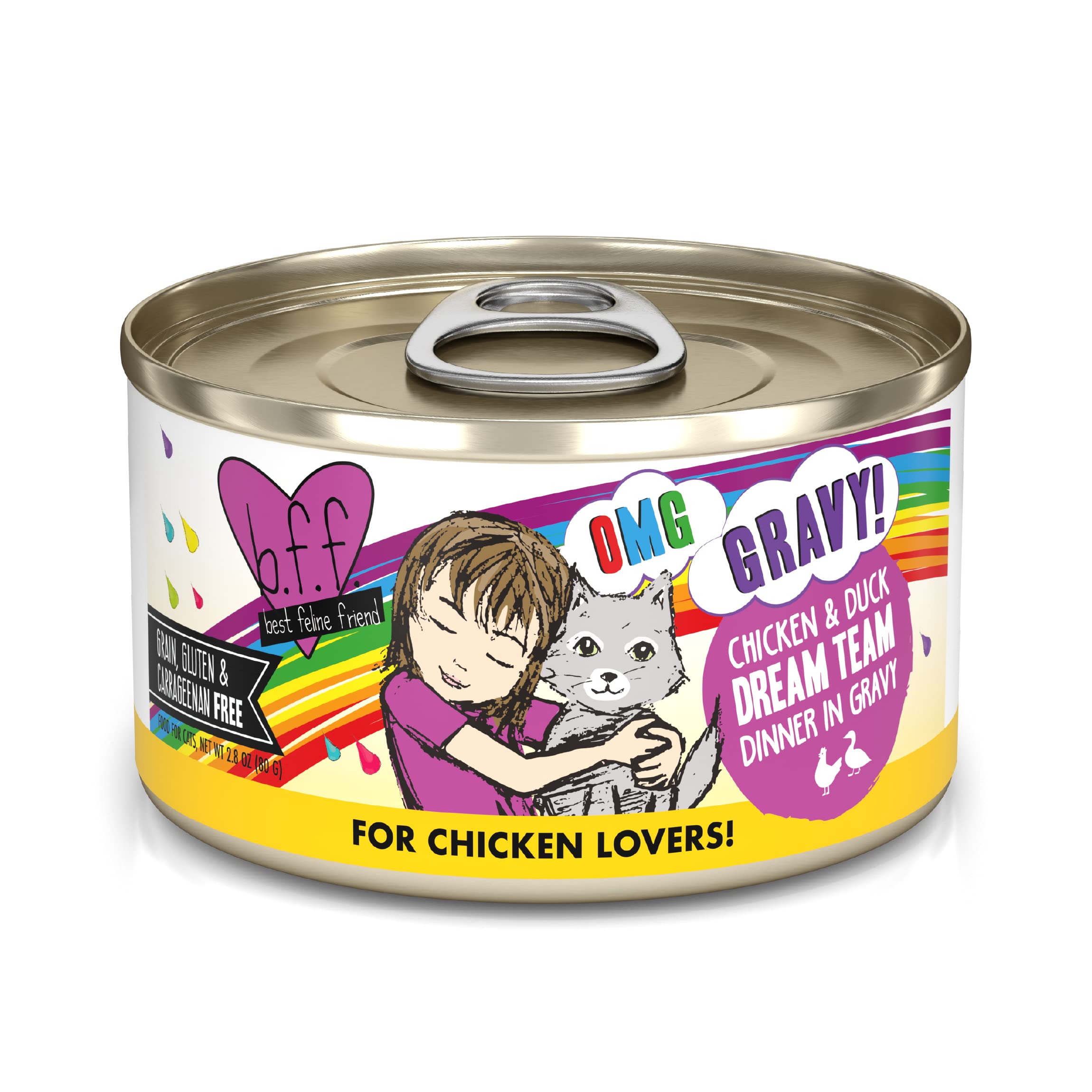 Weruva B.F.F. OMG - Best Feline Friend Oh My Gravy!, Chicken & Duck Dream Team with Chicken & Duck in Gravy, 2.8oz Can (Pack of 12)