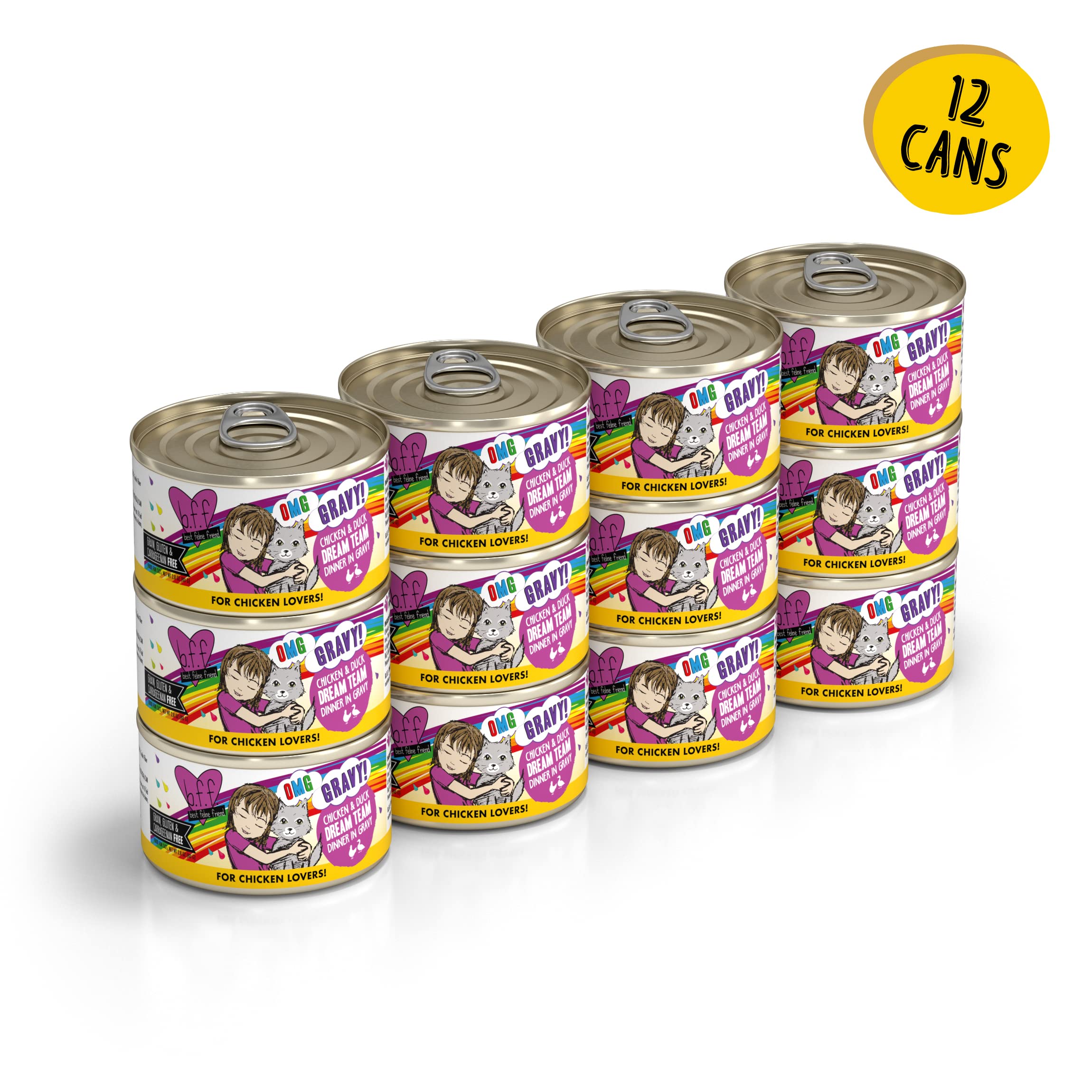 Weruva B.F.F. OMG - Best Feline Friend Oh My Gravy!, Chicken & Duck Dream Team with Chicken & Duck in Gravy, 2.8oz Can (Pack of 12)