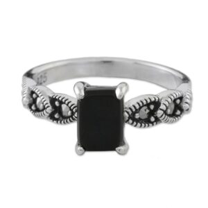 novica artisan handmade onyx cocktail ring sterling silver starry midnight black marcasite grey thailand gemstone birthstone [ring front 0.3 in l x 0.2 in w band width 4 mm w] ' starry midnight'