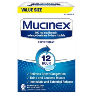 mucinex 12 hour maximum strength chest congestion expectorant tablets, 600mg guaifenesin with extended relief, pack of 1, 120 count