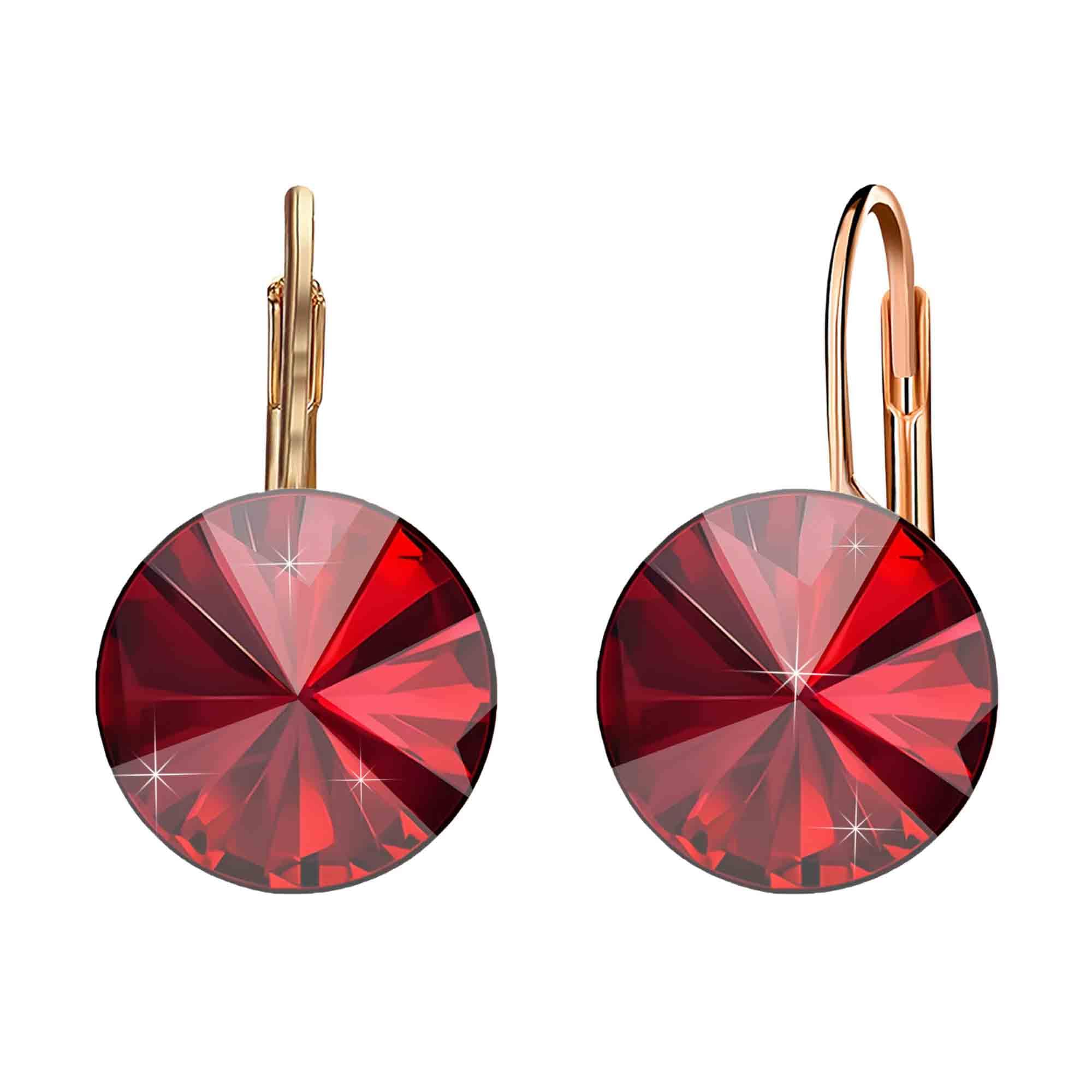 Austrian Crystal Round Drop Leverback Earrings for Women 14K Rose Gold Plated Hypoallergenic Jewelry (Red)