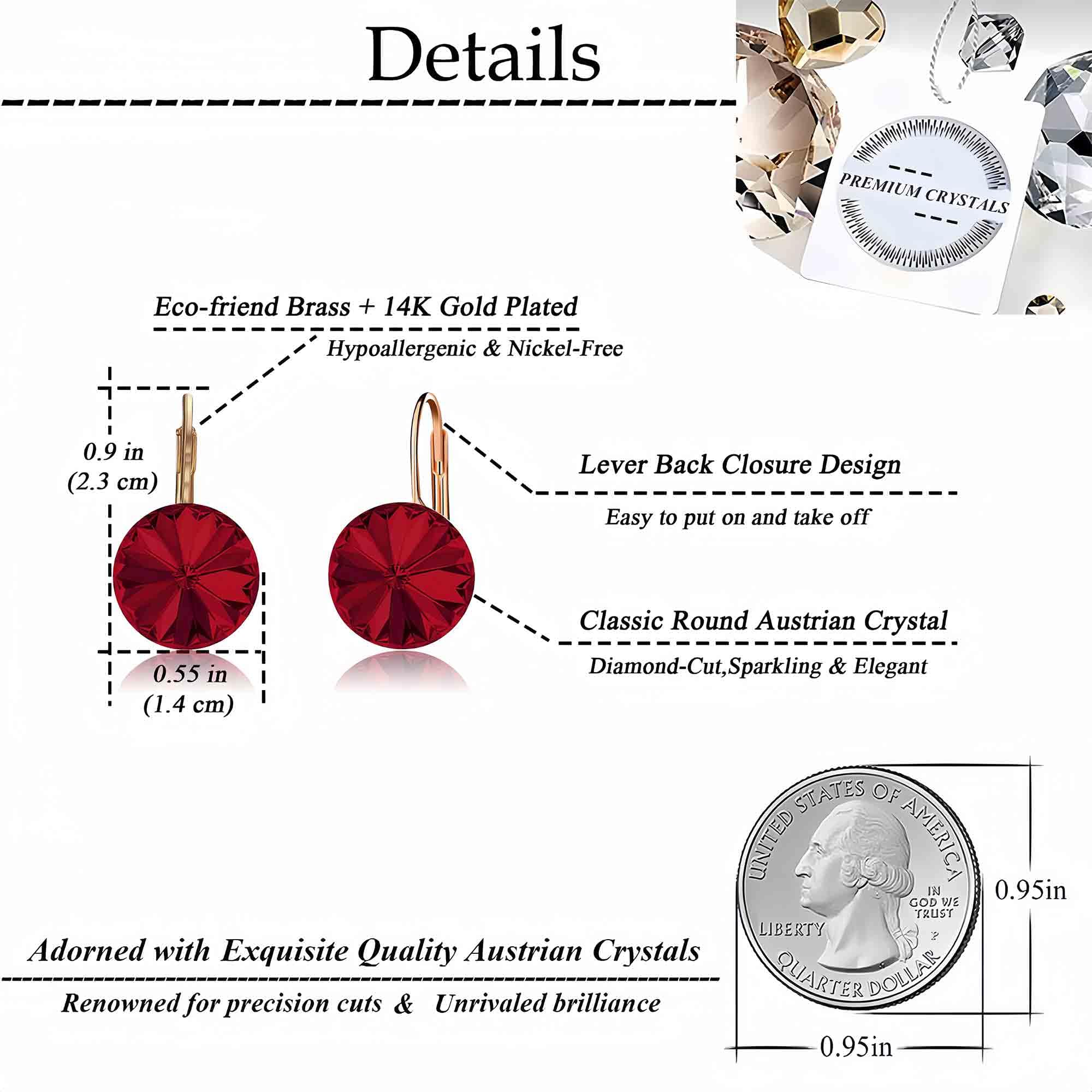 Austrian Crystal Round Drop Leverback Earrings for Women 14K Rose Gold Plated Hypoallergenic Jewelry (Red)