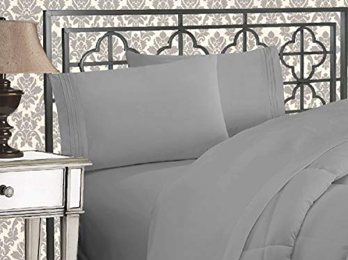 Elegant Comfort Luxurious 1500 Premium Hotel Quality Microfiber Three Line Embroidered Softest 5-Piece Bed Sheet Set, Wrinkle and Fade Resistant, Split King, Silver-Light Grey