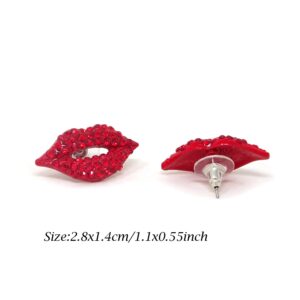 Honbay 1 Pair of Fashion Sexy Red Lip Stud Earrings Kiss Lip Ear Studs Sparkling Rhinestones Crystal Earrings