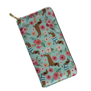 women's ladies wallets large capacity floral dachshund leather wallet card holder mint green