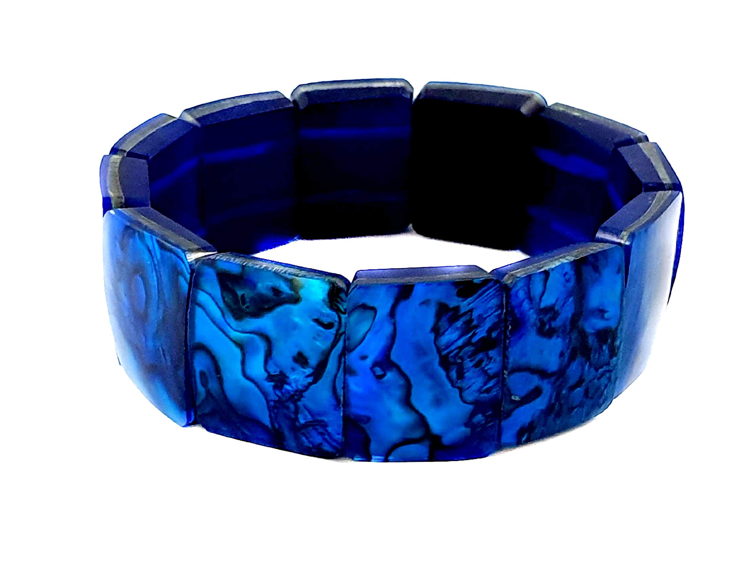 Swimmi Natural Abalone Shell Stretchable Cuff Bracelet Set in Blue Resin Handmade Women Paua Jewelry DA492-B