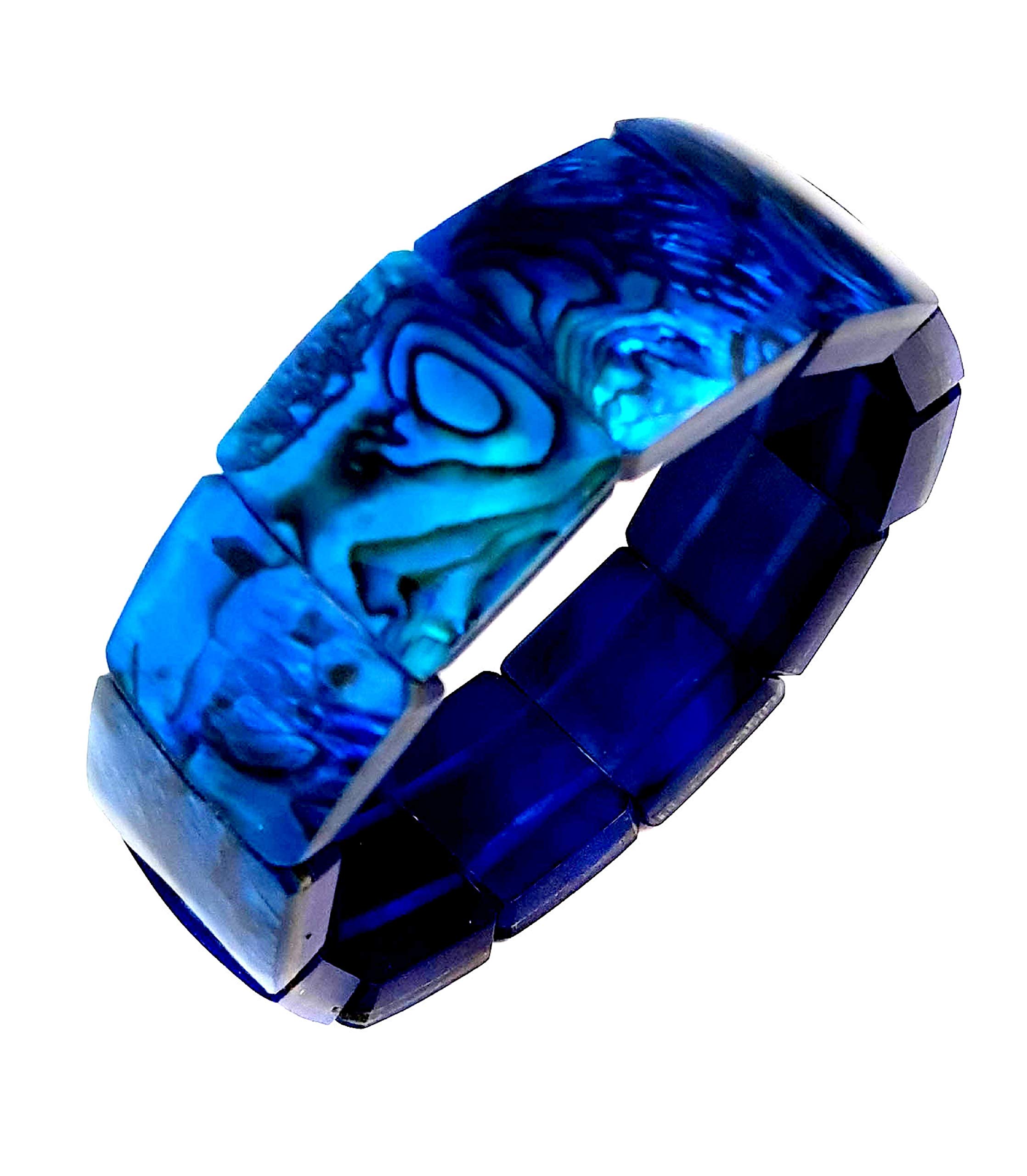 Swimmi Natural Abalone Shell Stretchable Cuff Bracelet Set in Blue Resin Handmade Women Paua Jewelry DA492-B