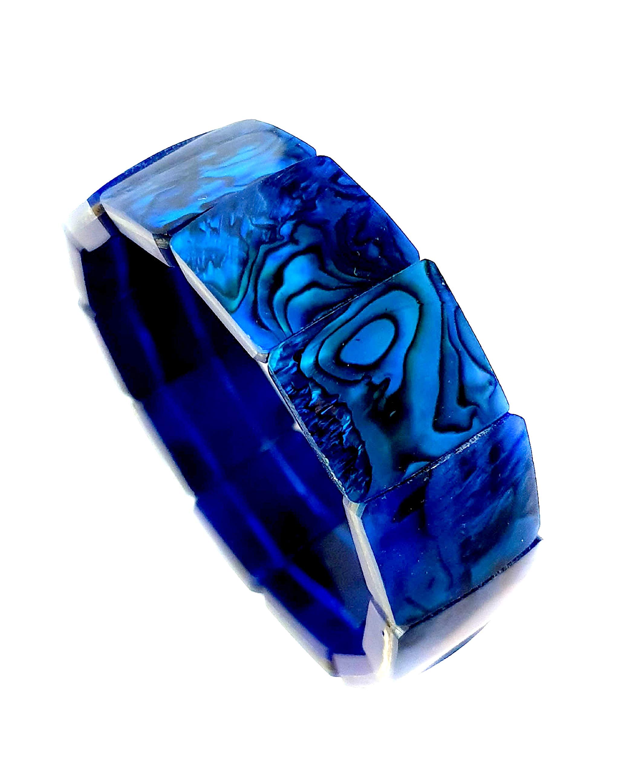 Swimmi Natural Abalone Shell Stretchable Cuff Bracelet Set in Blue Resin Handmade Women Paua Jewelry DA492-B