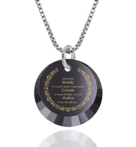 925 sterling silver serenity prayer necklace inspirational pendant inscribed in 24k gold on black cz, 18"