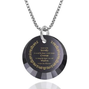 925 Sterling Silver Serenity Prayer Necklace Inspirational Pendant Inscribed in 24k Gold on Black CZ, 18"