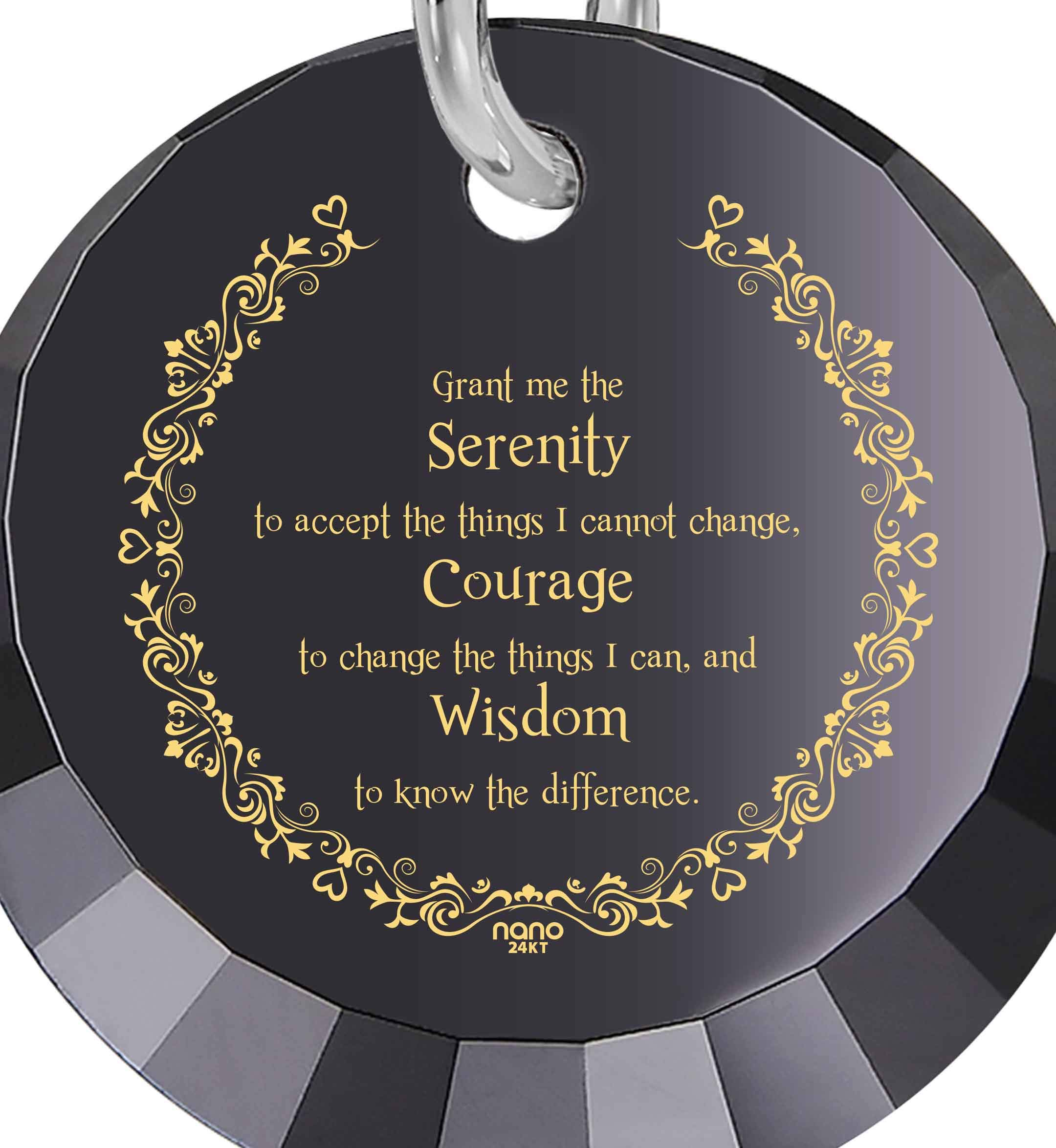 925 Sterling Silver Serenity Prayer Necklace Inspirational Pendant Inscribed in 24k Gold on Black CZ, 18"