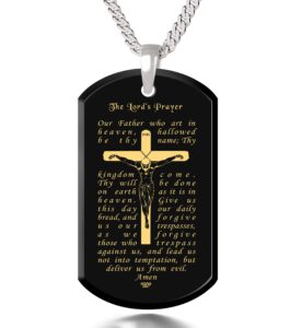 lord's prayer crucifix cross necklace onyx dog tag pendant 24k gold inscribed, 20" 925 sterling silver