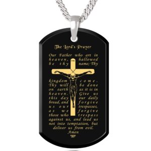 Lord's Prayer Crucifix Cross Necklace Onyx Dog Tag Pendant 24k Gold Inscribed, 20" 925 Sterling Silver