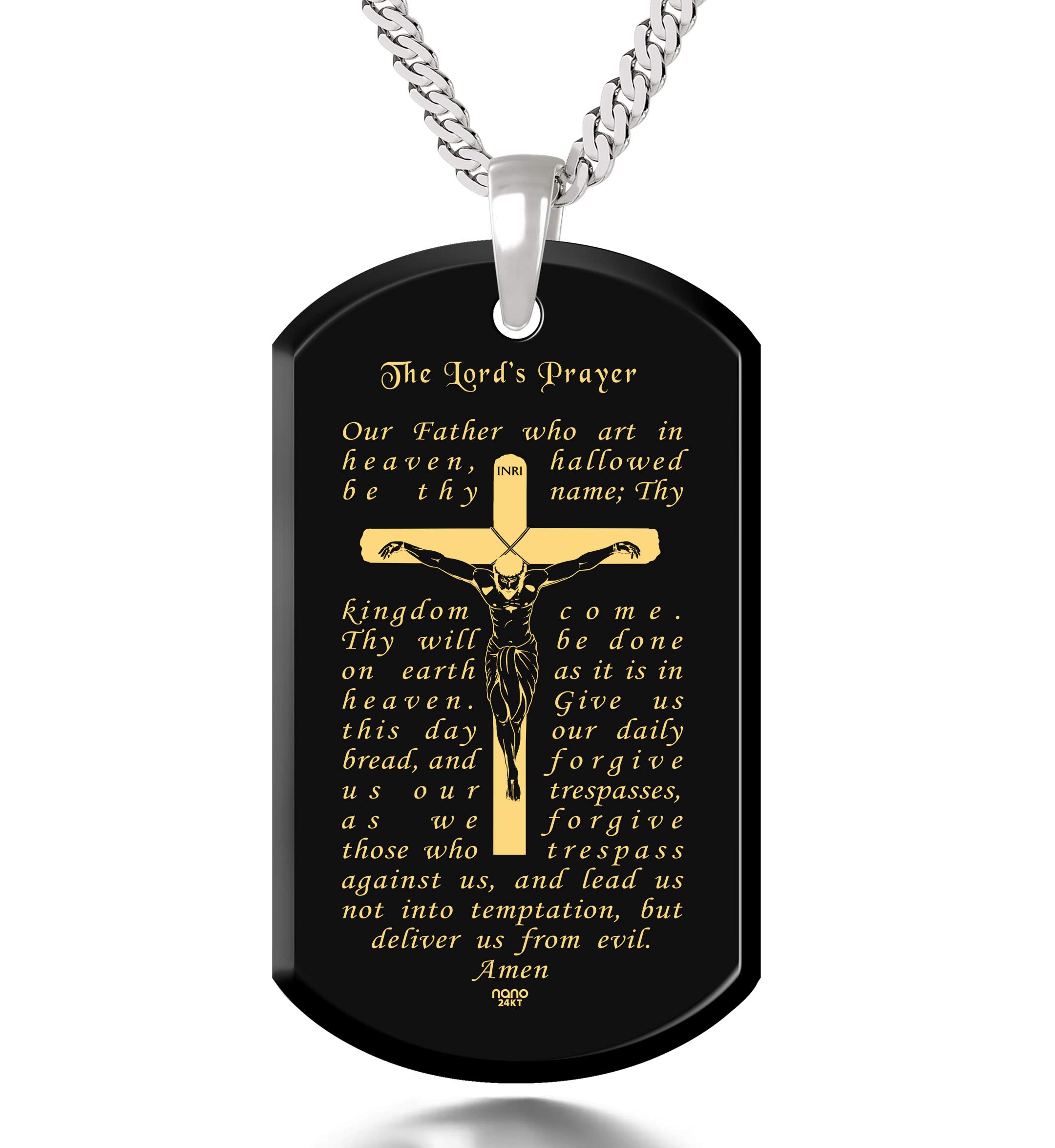 Lord's Prayer Crucifix Cross Necklace Onyx Dog Tag Pendant 24k Gold Inscribed, 20" 925 Sterling Silver